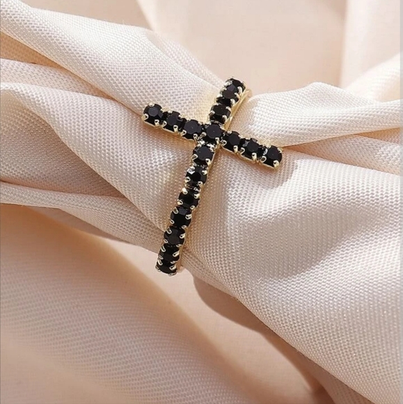 Jewelry | Newpretty Black Rhinestone Cross Ring | Poshmark